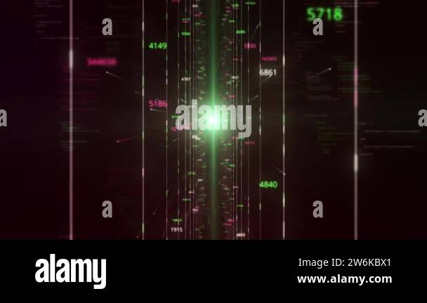 Abstract virtual space with parallel narrow lines and changing numbers on black background ...