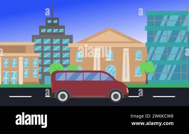 car driving rides around city side view, loop animation, flat design ...