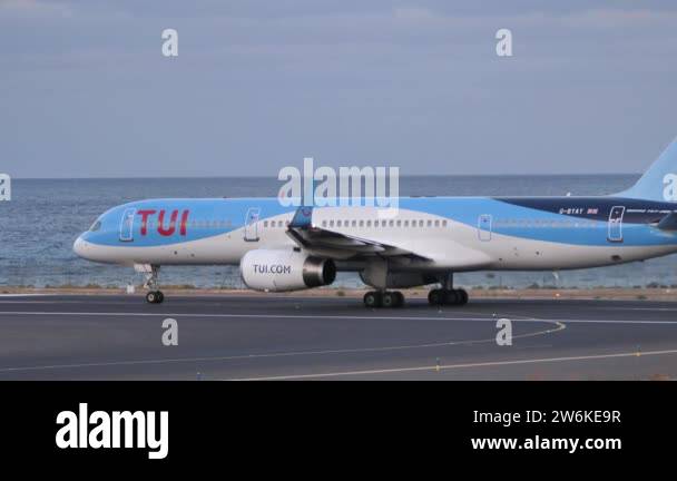 Departure of Boeing 757 TUI Airways. Plane acceleration and take off ...