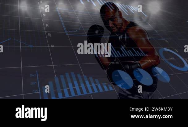 Animation of graphs, charts and data processing on interface over male ...