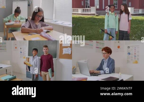 Split screen portraits of cheerful kids and teacher posing for camera ...