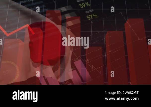 Animation of data processing and graphs over flag of japan on black ...