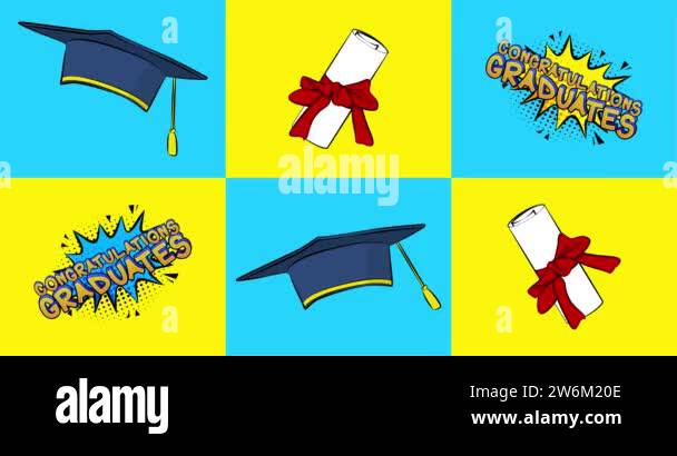 4k animated cartoon with Congratulation Graduates comic book style text ...
