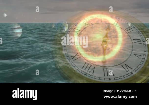 Animation of solar system, planets and space over sea and clock ticking ...