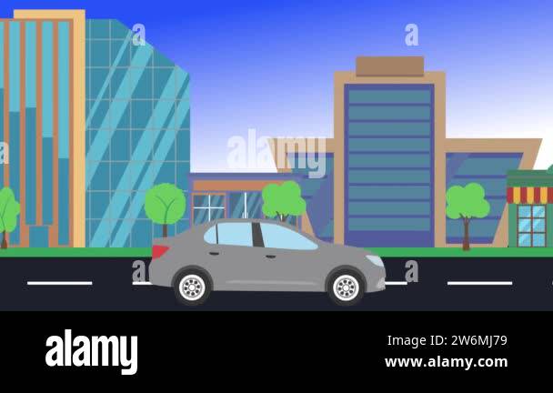 car driving rides around city side view, loop animation, flat design ...