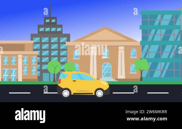 car driving rides around city side view, loop animation, flat design ...