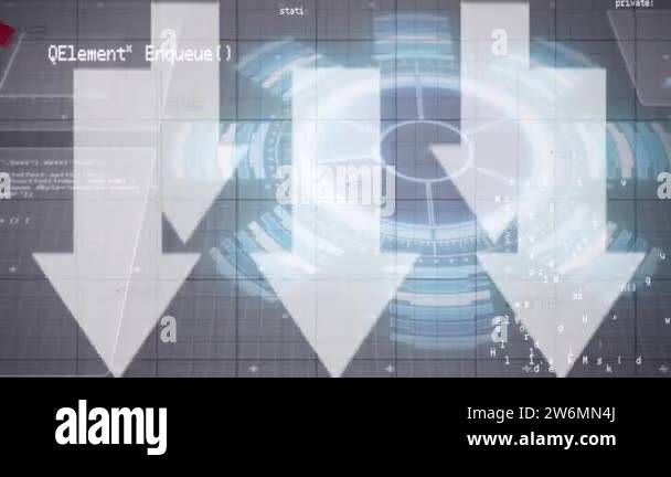 Animation of red lines, scope scanning and data processing on grey screens. global connections ...