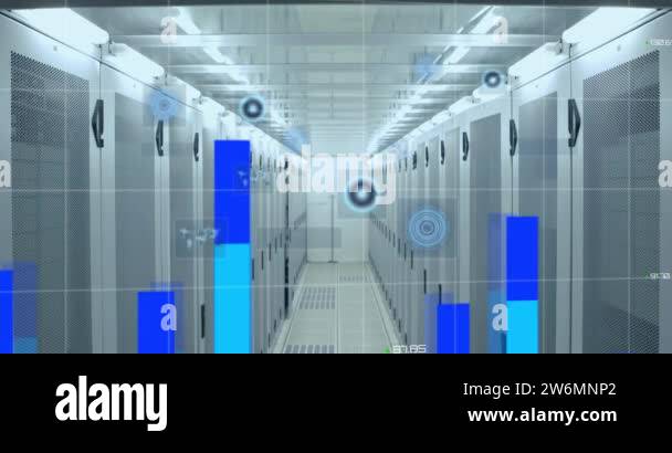 Statistical Data Processing And Round Scanners Over World Map Against Empty Computer Server Room