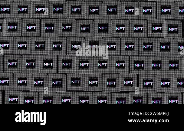 square tile labeled nft slowly rises and falls against a black ...