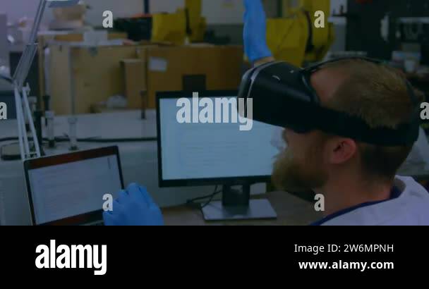 Animation of scope scanning over male scientist wearing vr headset and moving his hands. global ...
