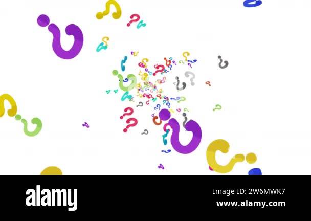 Many colorful question marks floating in air on white background ...