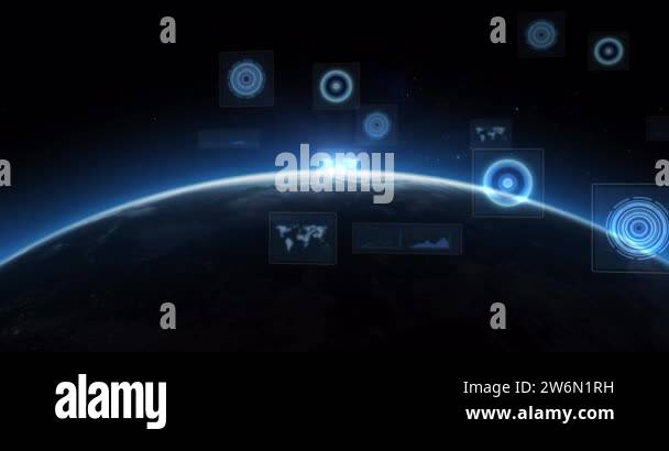 Animation of scopes scanning, world map, data processing on screens ...