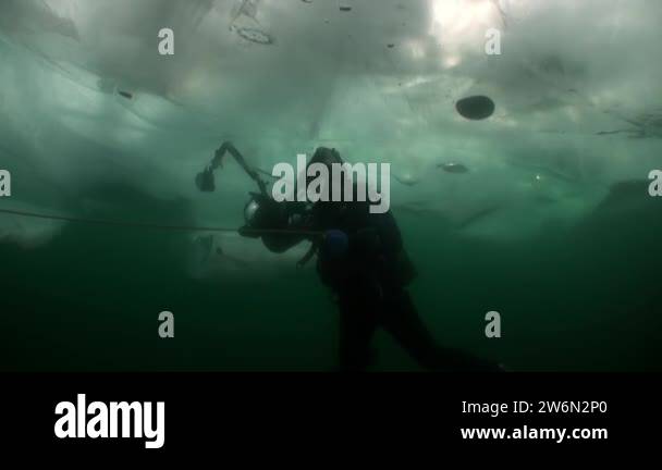 Diver underwater cameraman under ice in cold water of lake Baikal Stock ...