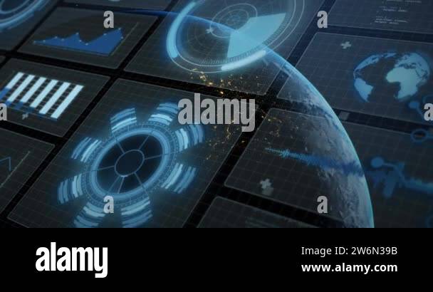 Animation of scopes scanning over blue grid with planet earth. global connections, data ...
