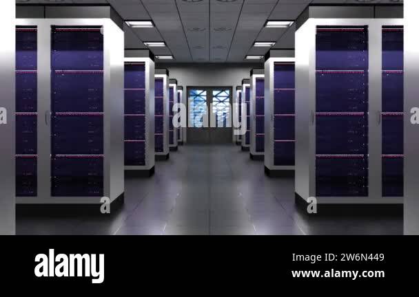 Data center with many rack servers standing in a row - hosting, storage ...