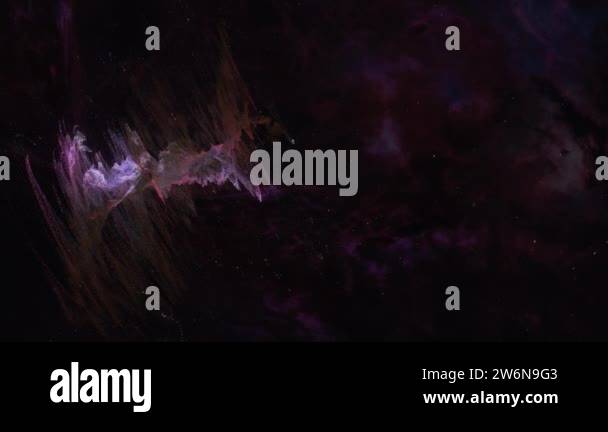 Spaceship flies by the alien nebula in space. Beautiful glow purple ...