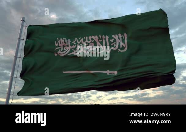 Realistic Flag of Saudi Arabia waving at wind in slow with blue sky ...