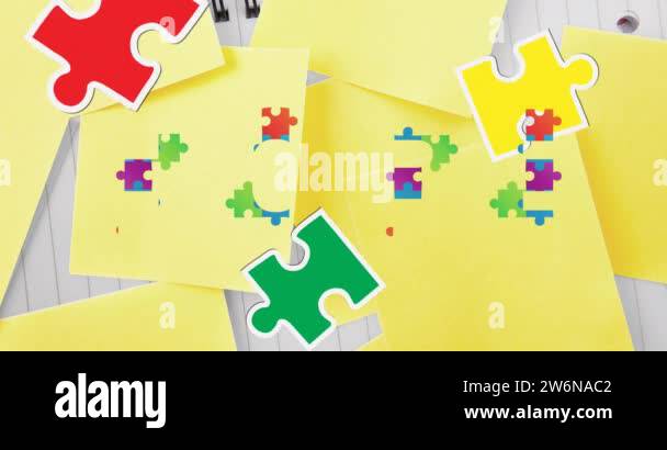 Animation of autism awareness month colourful puzzle pieces forming ...