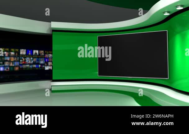 Tv studio. Green studio. Green background. News studio. Screen on wall ...