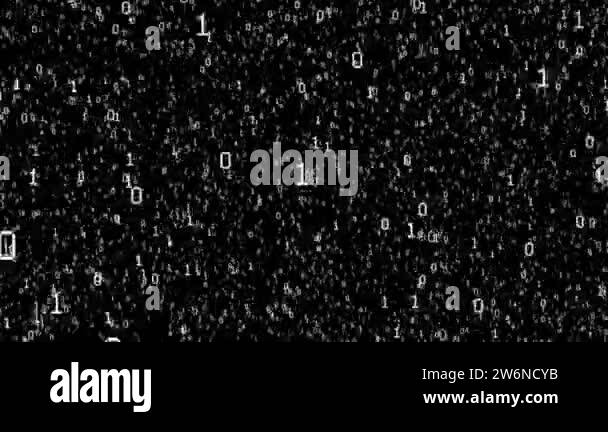 Digital technology binary code flying on isolated black background. Particle of big data ...