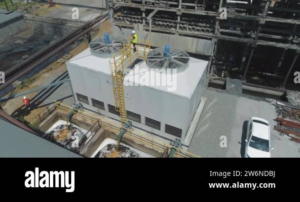 Cooling tower at the factory. Factory cooling system. Wet type cooling ...