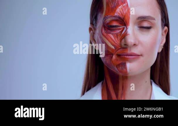 Cosmetic injection in the face. Young woman with half of face with ...