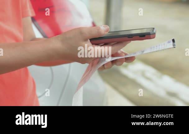 Receipt app for scanning. Tracking and managing bill. Woman scan QR ...