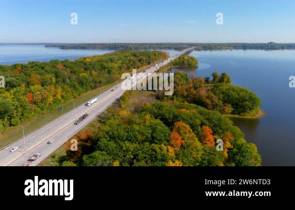 Trans-Canada highway, Lake of Two Mountains Bridge and fall season ...