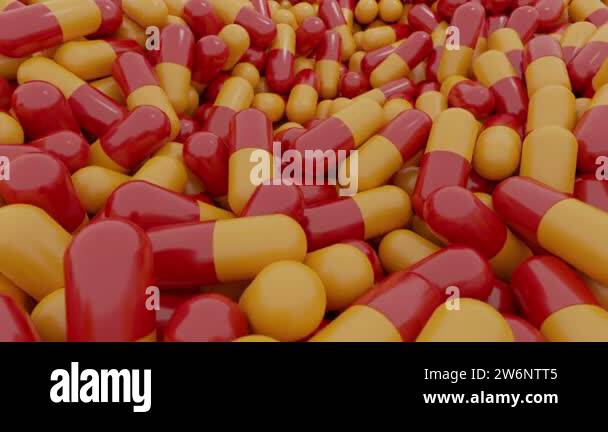 Low angle closeup 3D animation of medical pills or capsules made by the ...