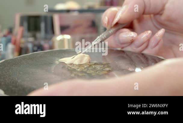 Foundation, concealer, face make-up smudge, smear. Cosmetic liquid ...