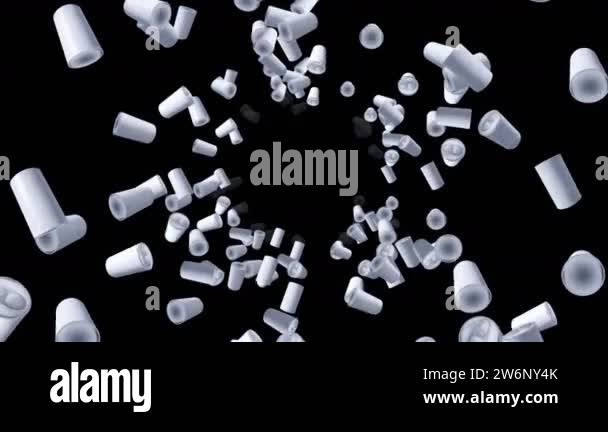 Many cans floating in air on black background. No label beverage cans ...