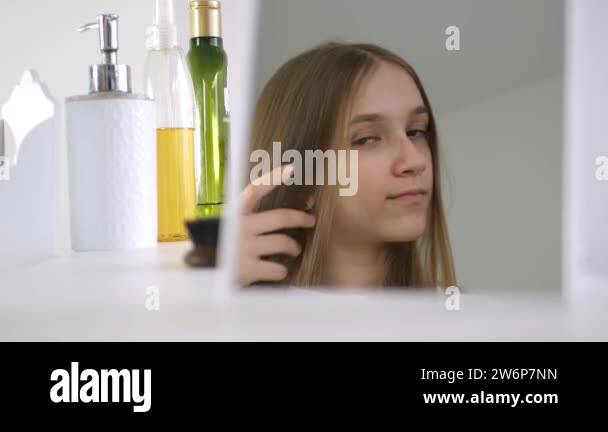 Girl Brushing Hair in Mirror, Blonde Kid Combing, Young Child Hair ...