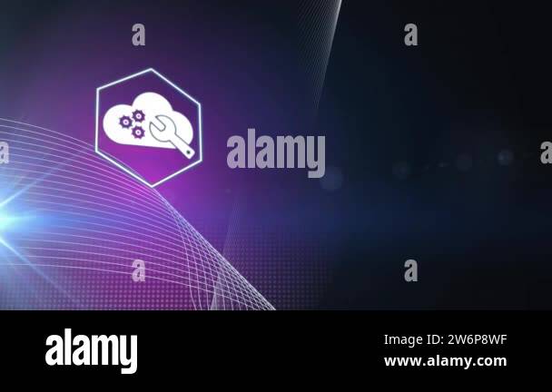 Digital interface with multiple icons against spot of light on purple ...