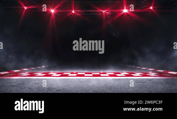 Race track and finish line on asphalt ground with red shining ...