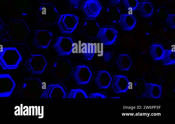 Abstract dark blue hexagons, random motion background. Animation. Neon colored geometric shapes ...