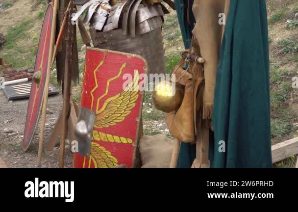 The camp of the Roman legionaries. Historical weapons, military ...