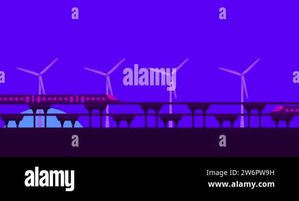 Rail transport and windmills motion animation. 80s retro sci-fi ...