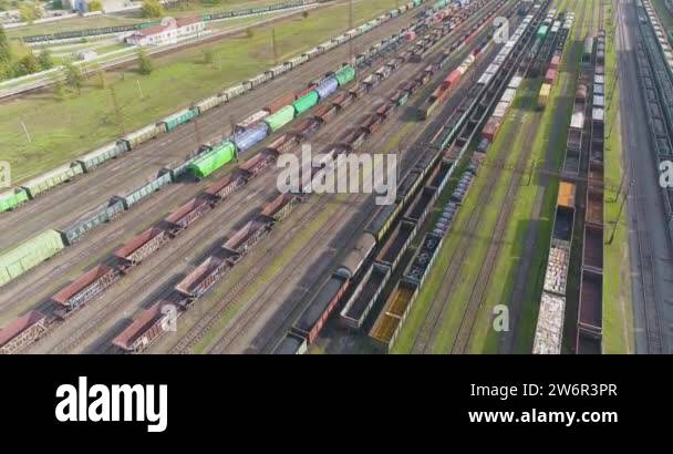 Flying over freight trains. Railroad trains top view. Industrial ...