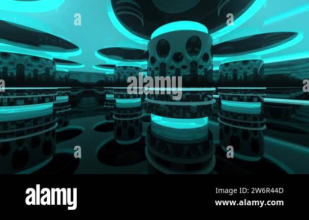 Futuristic abstraction of the future, 3d animation of glowing pillars ...
