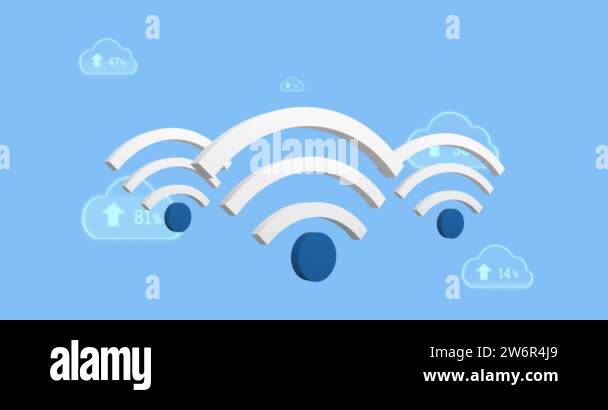Animation of wifi icons and digital clouds with arrow and percent ...
