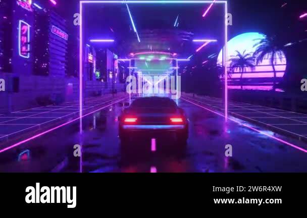 Car and city in neon cyberpunk style. 80s retrowave background 3d ...