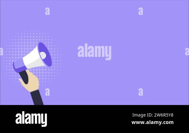Hand holding megaphone with copy space on purple background ...