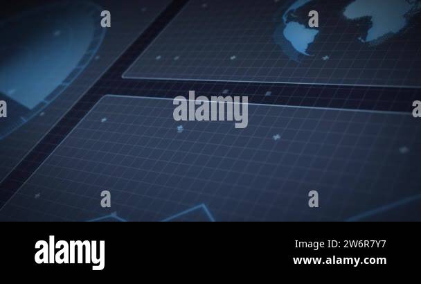 Animation of data processing, world map and scope scanning on screens over grid. digital ...