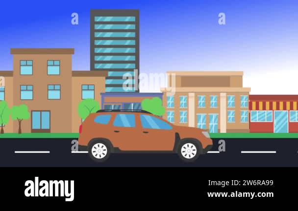 car driving rides around city side view, loop animation, flat design ...