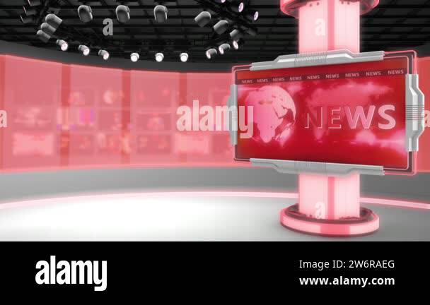 Tv studio. News room. Blye and red background. General and close-up ...