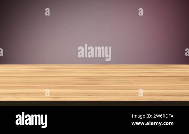 Empty wooden board table in front of maroon and light blue background ...