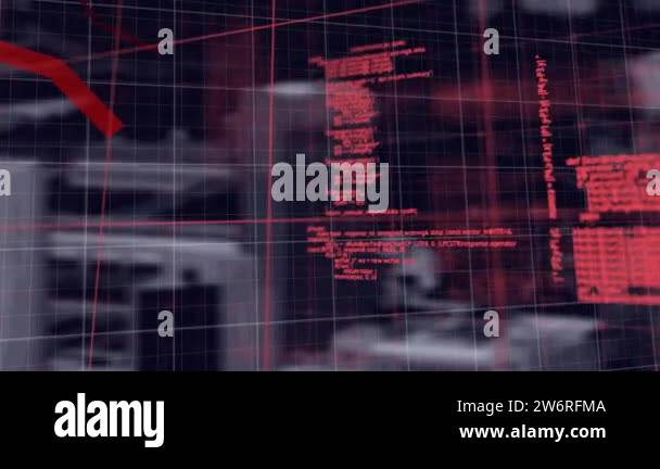 Animation of red lines recording on grid over cityscape. global ...