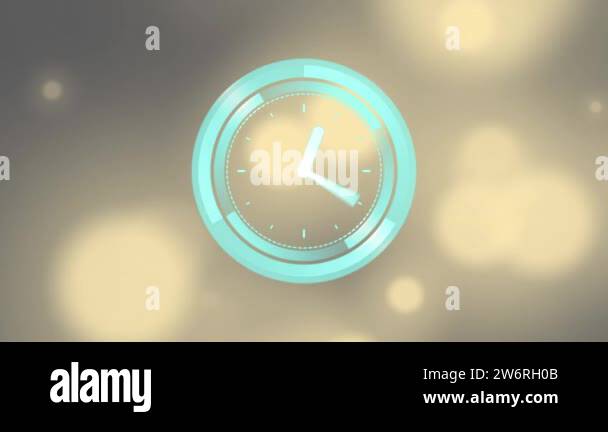 Animation of clock moving over glowing spots on black background. global digital interface, data ...