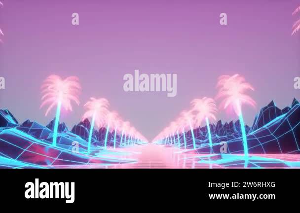 Camera moves along the synthwave wireframe net. Retro 80s style ...