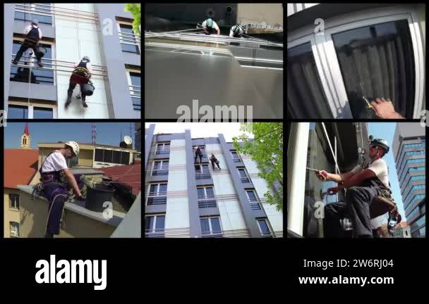 Window Washers Cleaning An Office Building Exterior. Industrial ...